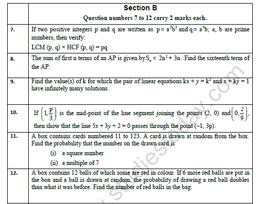 CBSE Class 10 Mathematics Sample Paper 2021 Set B